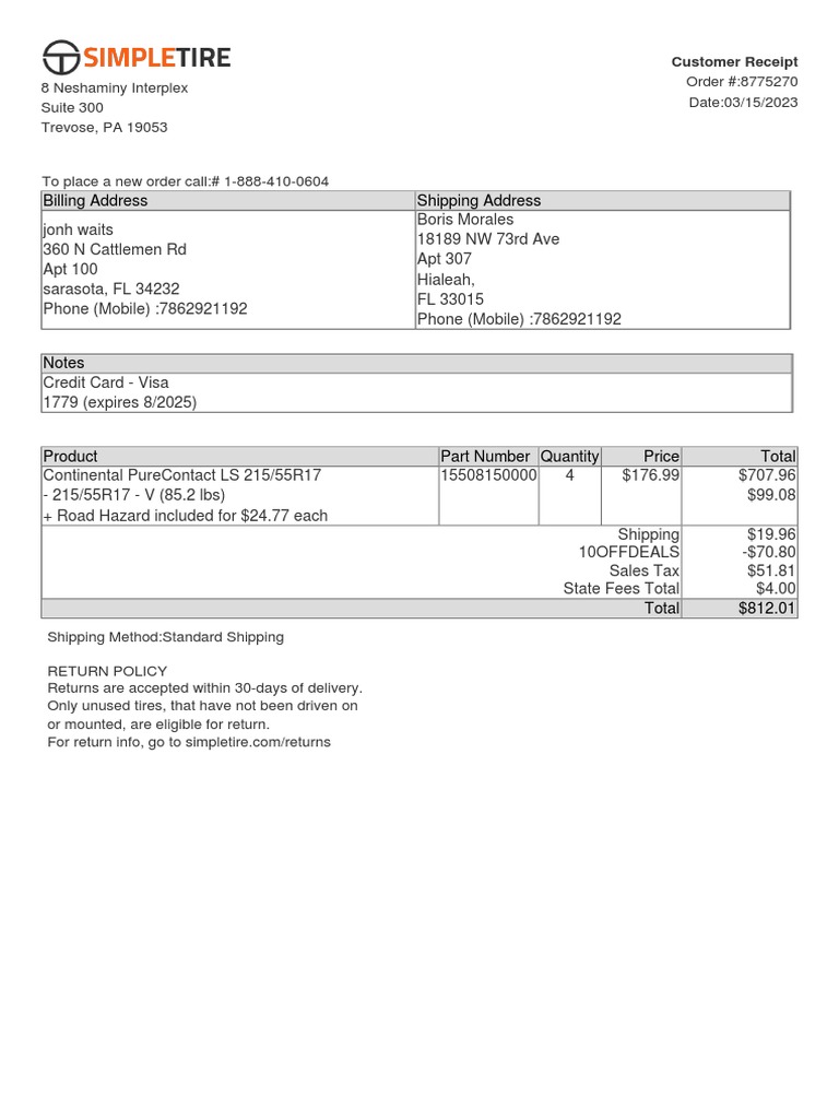 Customer Receipt for the Purchase of Four Continental PureContact LS ...