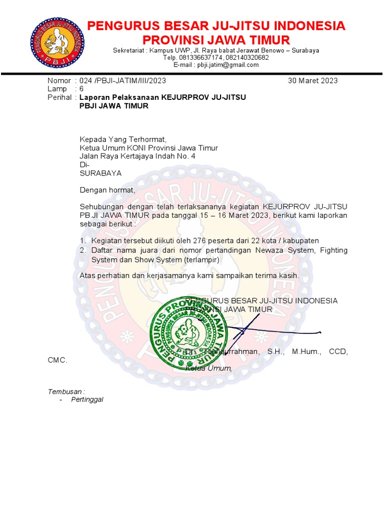 024-Surat Pelaporan Hasil Kejurprov | PDF