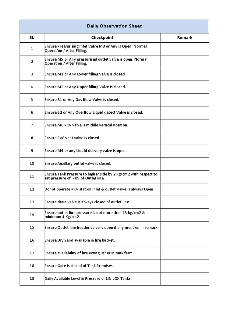 Daily Observation Sheet | Download Free PDF | Valve | Cryogenics