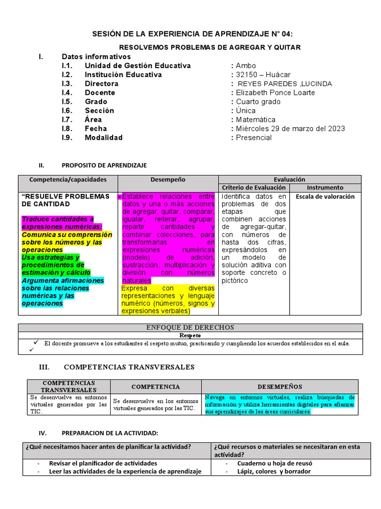 Sesión De La Experiencia De Aprendizaje N 04 Pdf Aprendizaje