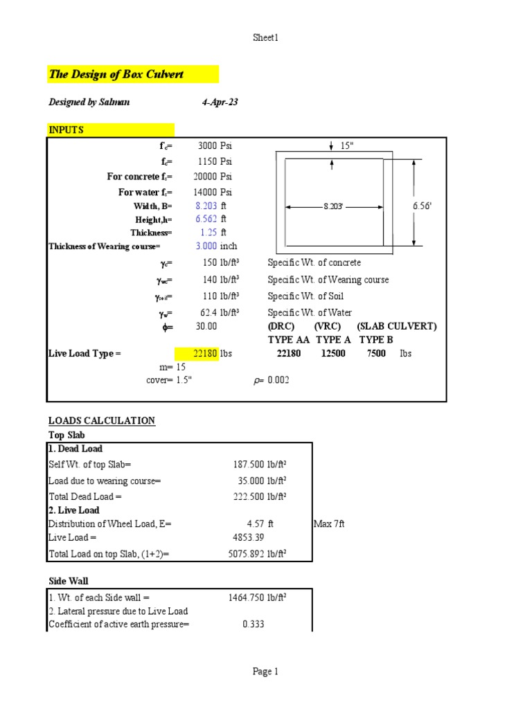 The Design of Box Culvert: Designed by Salman 4-Apr-23 | PDF | Structural Engineering ...