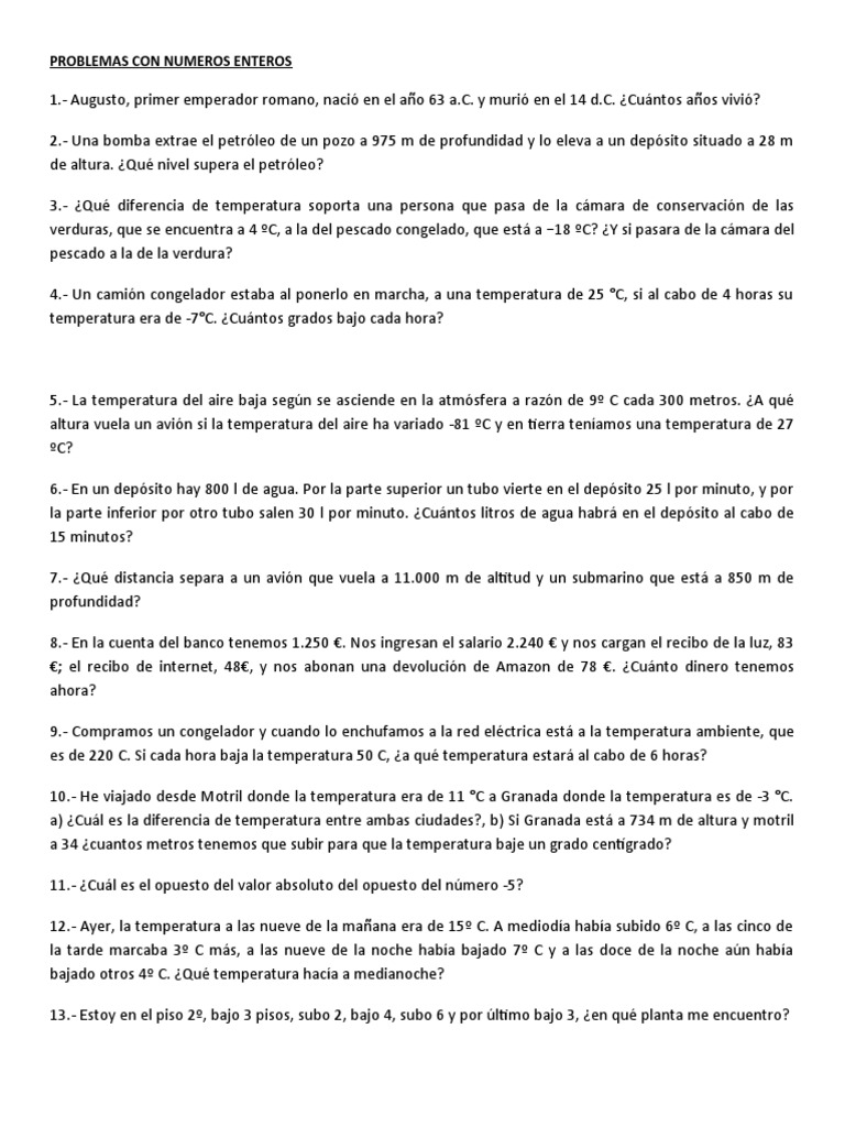 Problemas Con Numeros Enteros 3ro | PDF