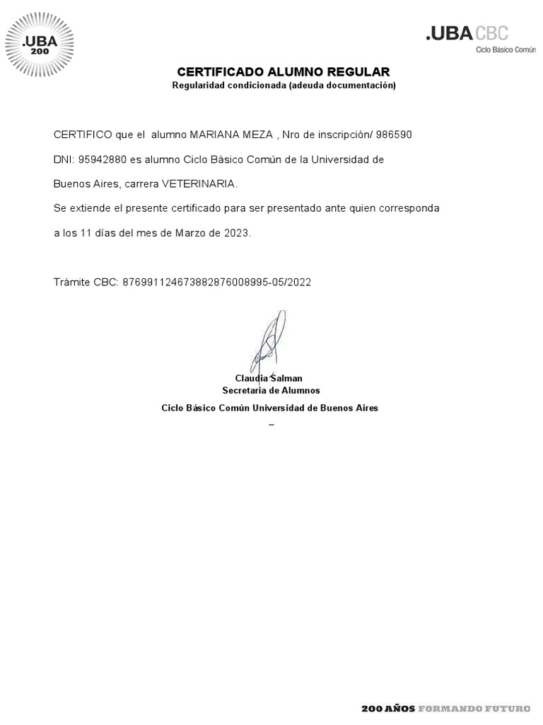 Certificado Alumno Regular: Regularidad Condicionada (Adeuda ...