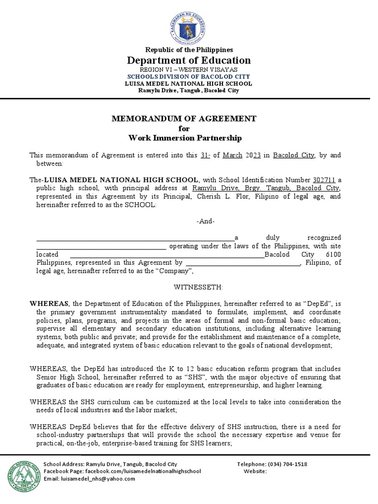 Department of Education: Memorandum of Agreement For Work Immersion ...