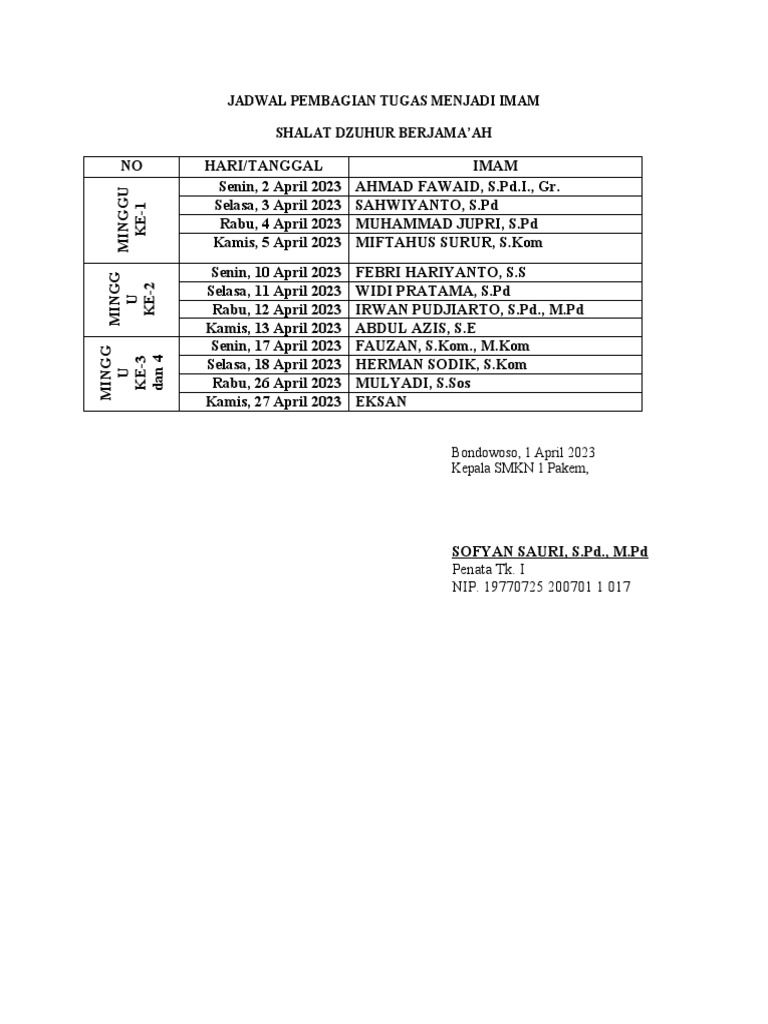 Jadwal Shalat Dzuhur Berjama | PDF