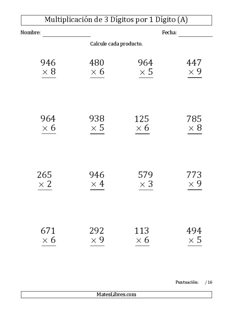 Multiplicación de 3 Dígitos por 1 Dígito | PDF