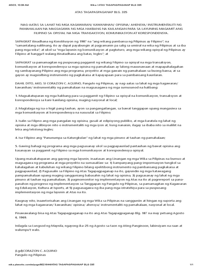 Wika - ATAS TAGAPAGPAGANAP BLG 335 | PDF