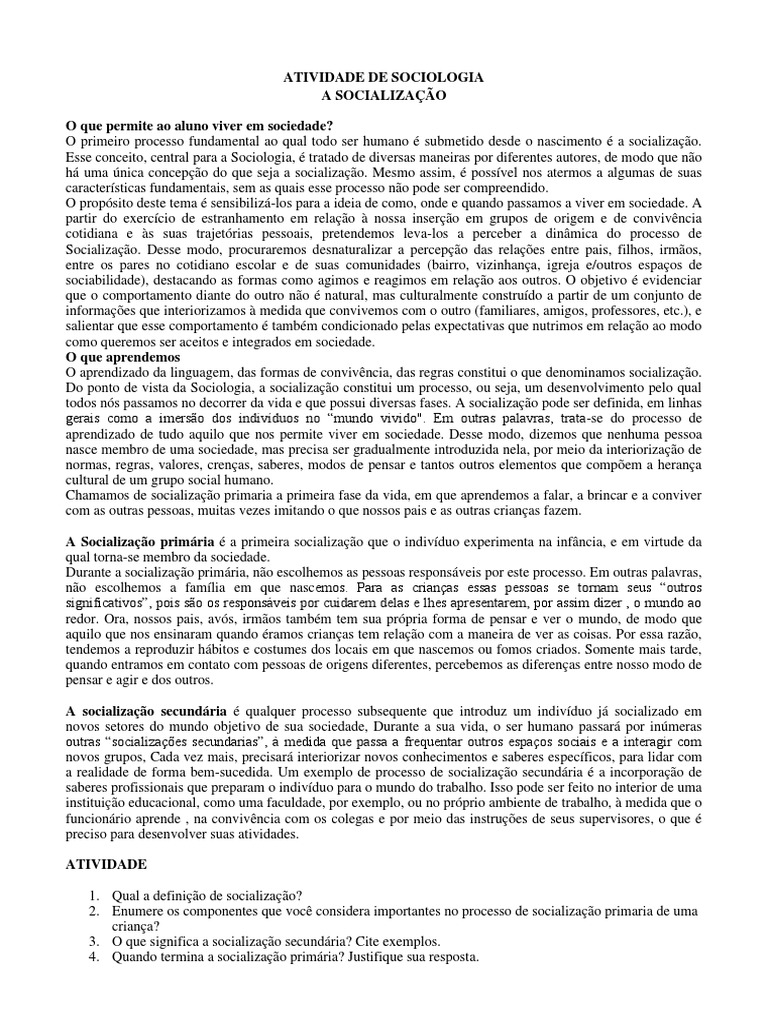O Que e Socialização | PDF | Sociologia | Sociedade O Que e Socialização | PDF | Sociologia | Sociedade
