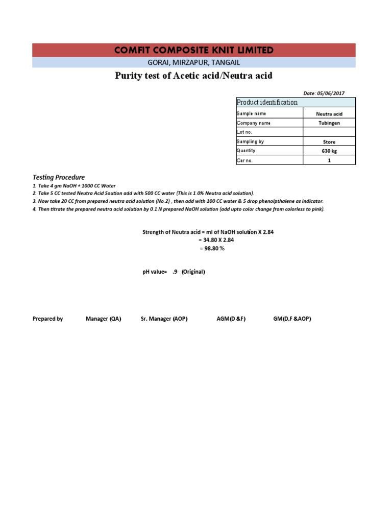 Comfit Composite Knit Limited Purity Test of Acetic Acid/neutra Acid ...