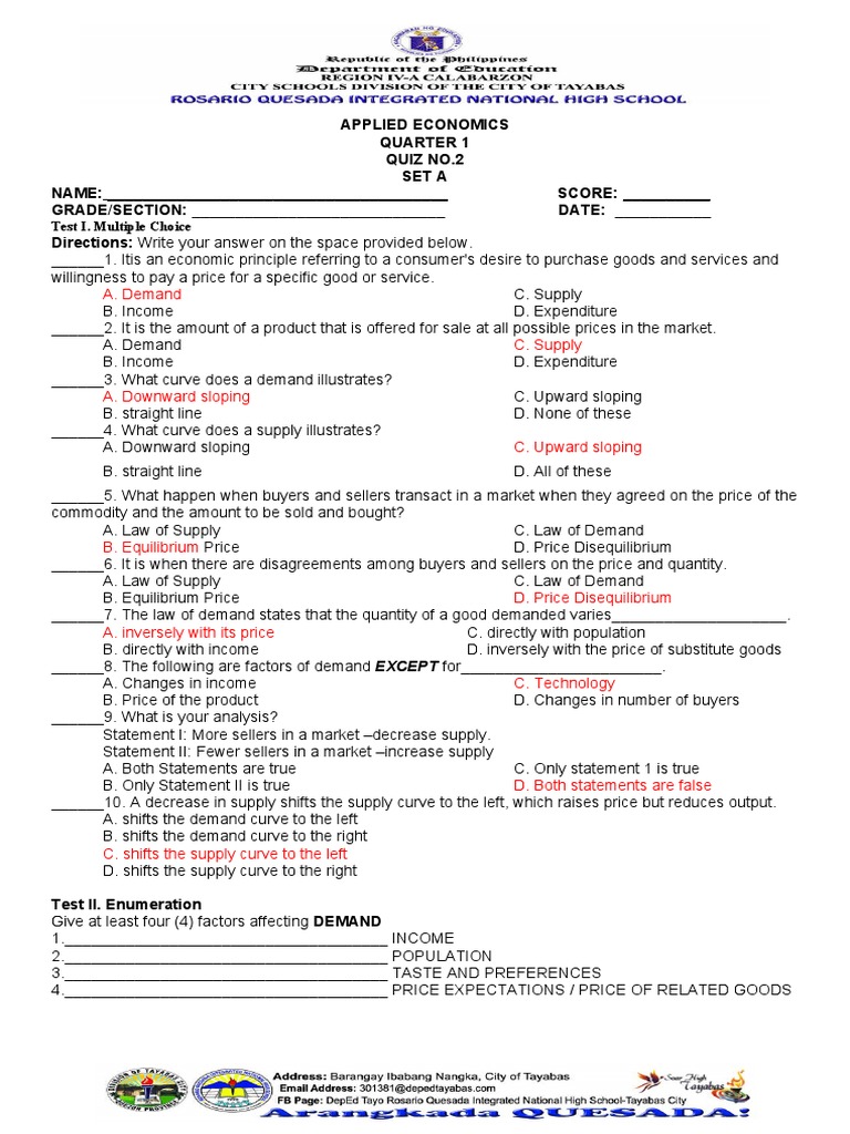 Quiz No.2 - Applied Economics | PDF | Supply (Economics) | Demand Quiz No.2 - Applied Economics | PDF | Supply (Economics) | Demand