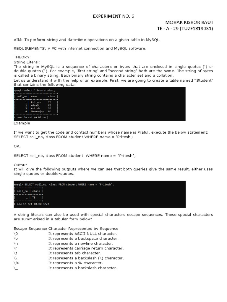 Mumbai University B E Extc Sem 5 Dbms Experiment Pdf String Computer Science Encodings