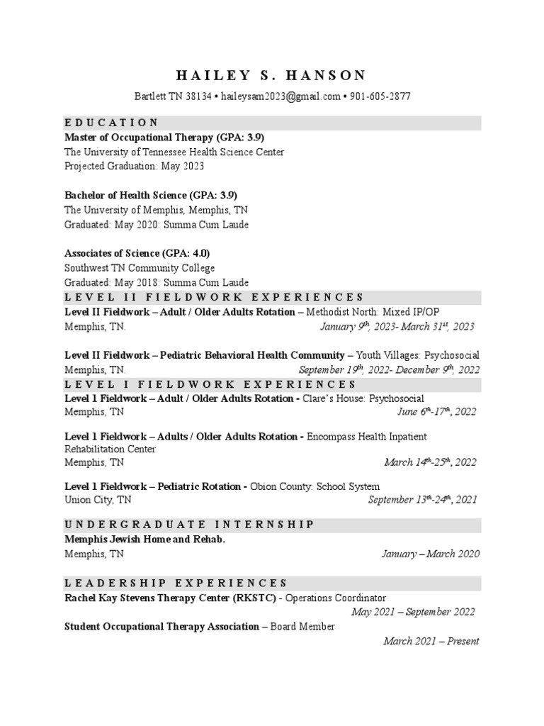 Hailey H April 2023 Resume | PDF | Occupational Therapy | Physical Therapy