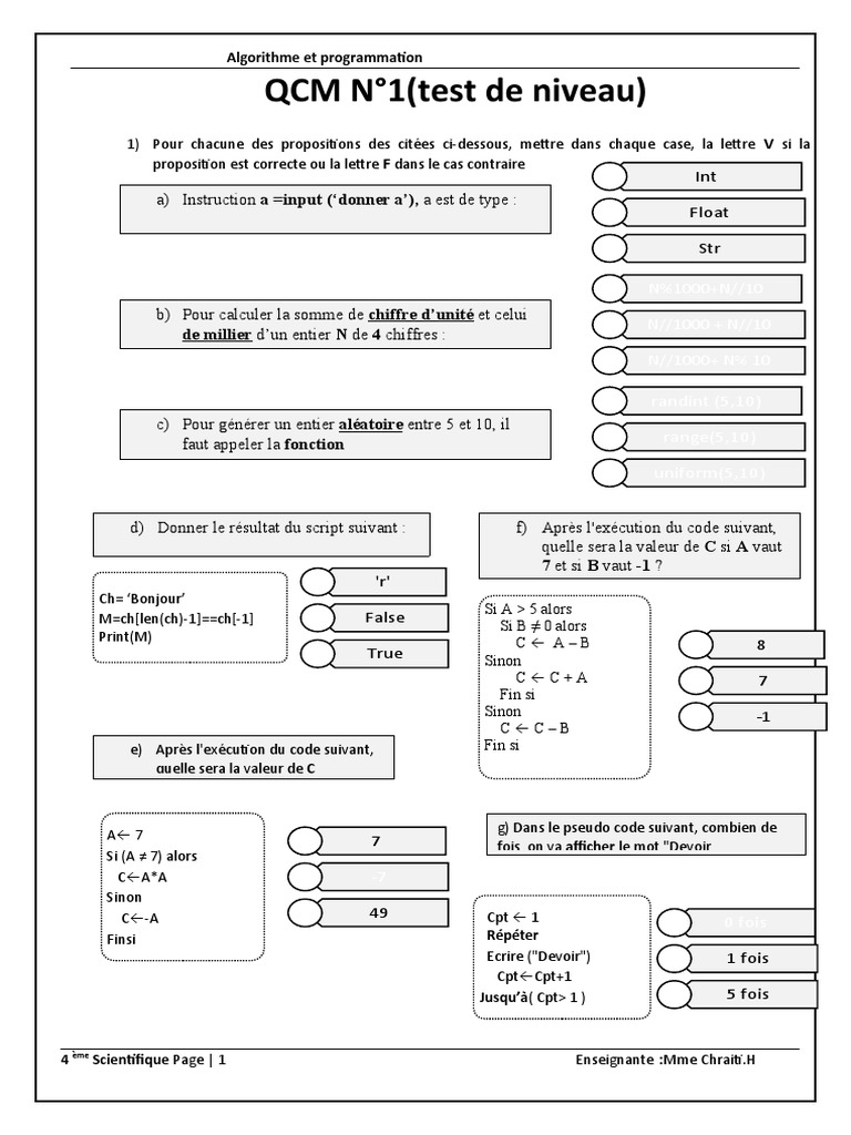 QCM Algorithme et Programmation 1 Bac | PDF | Mathématiques appliqués ...