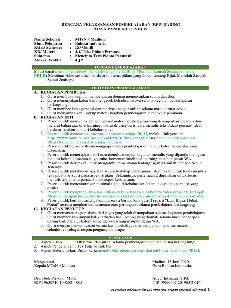 Adiwiyata - RPP Bahasa Indonesia Kelas IX-1 - Inovasi Pembelajaran PRLH - Anggi Intansari | PDF