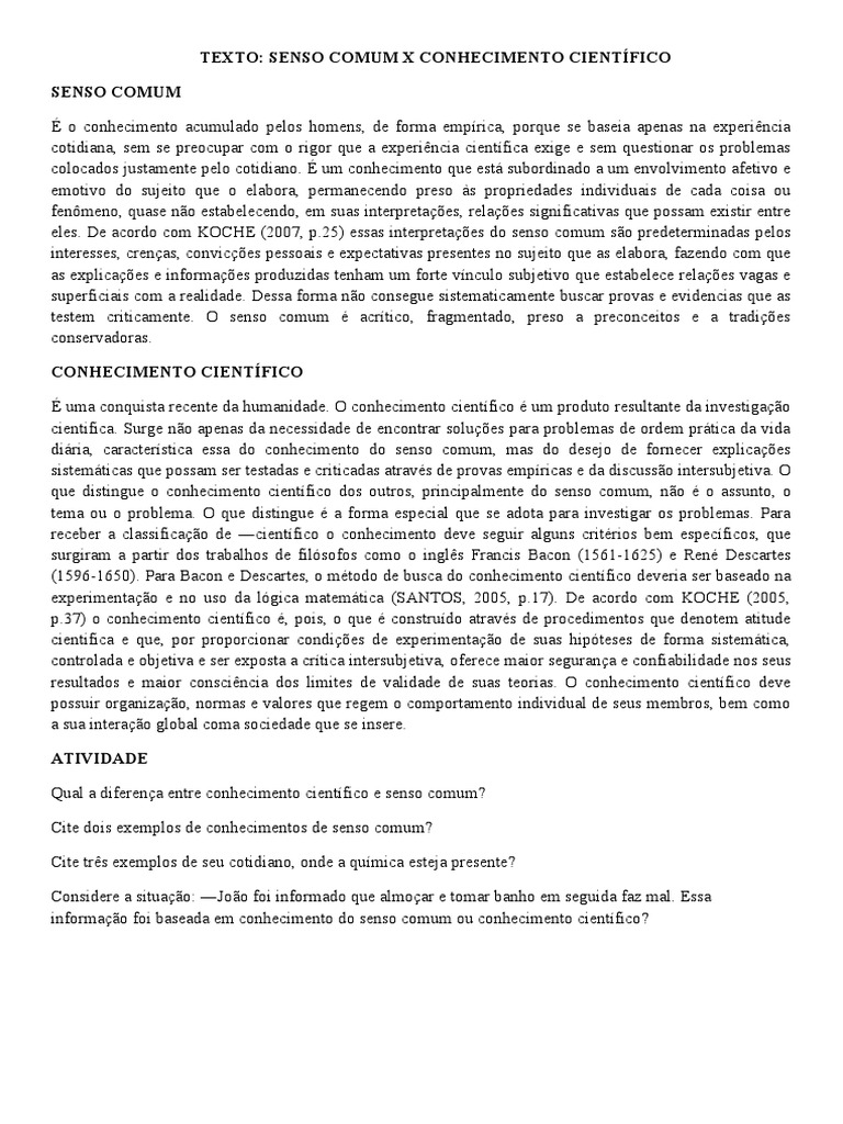 Atividade de Sala Senso Comum e Ciencia | PDF