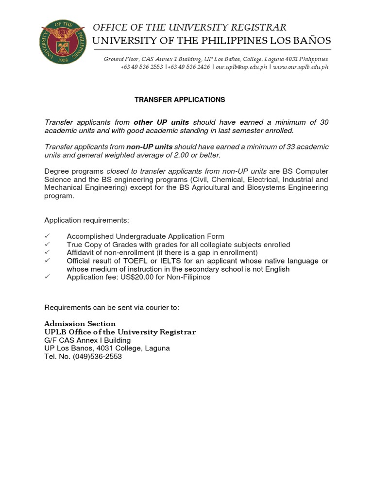 UPLB Transfer Application Requirements | PDF