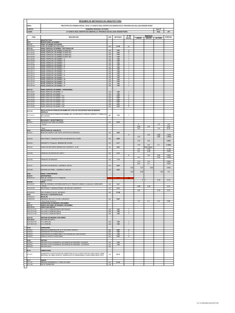 Metrado Arquitectura Vivienda de Bambu Final | PDF | Carpintería | Madera