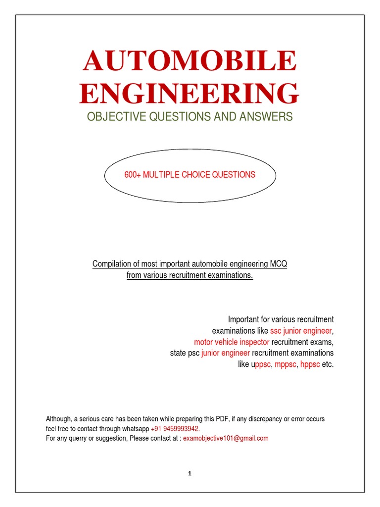 Automobile Engineering: Objective Questions and Answers | PDF ...