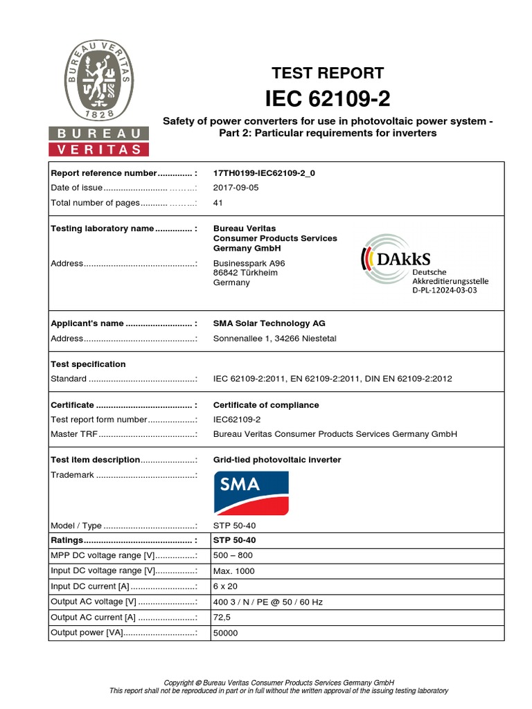 SMA - Core 1 - IEC62109-2 - 0 Test Report | PDF | Power Inverter ...