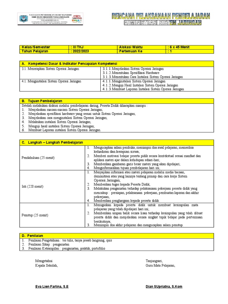 RPP Instalasi Sistem Operasi Jaringan XI TKJ | PDF | Seni