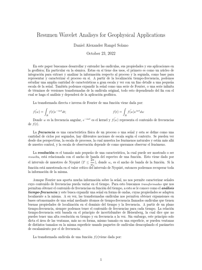 Resumen Wavelet Analisys For Geophysical Applications Parte 1 Pdf Transformada