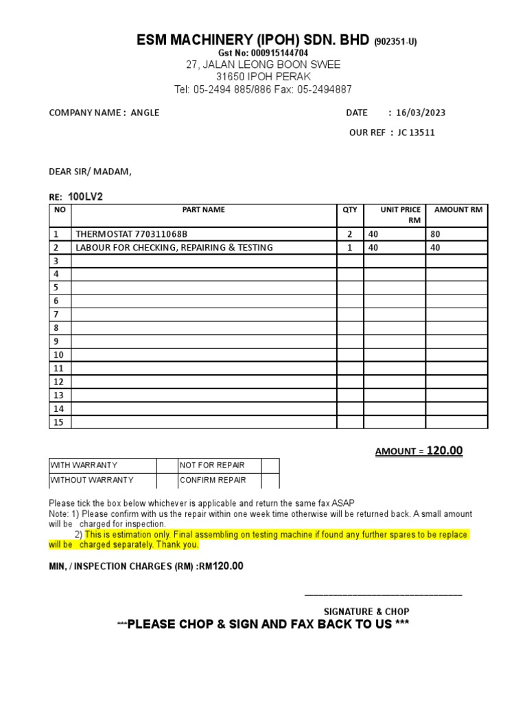 Esm Machinery (Ipoh) Sdn. BHD: Please Chop & Sign and Fax Back To Us | PDF