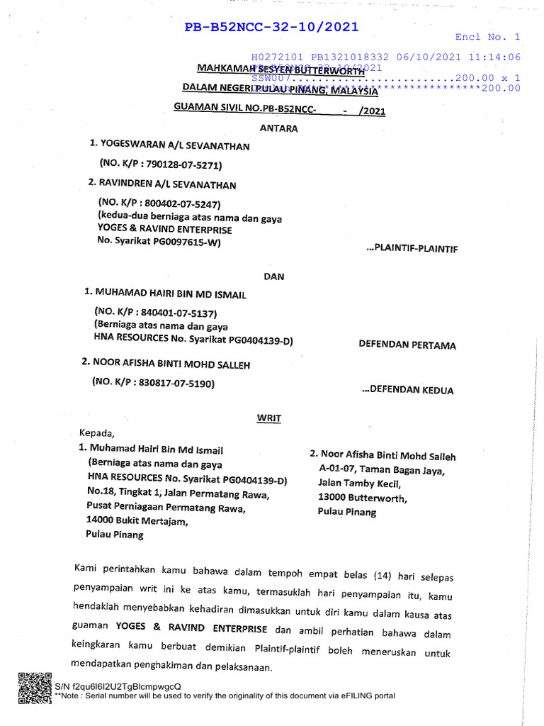 Writ Saman Yoges +@002 | PDF