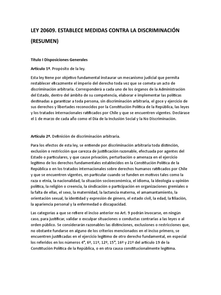 Ley 20609. Establece Medidas Contra La Discriminación (Resumen) | PDF