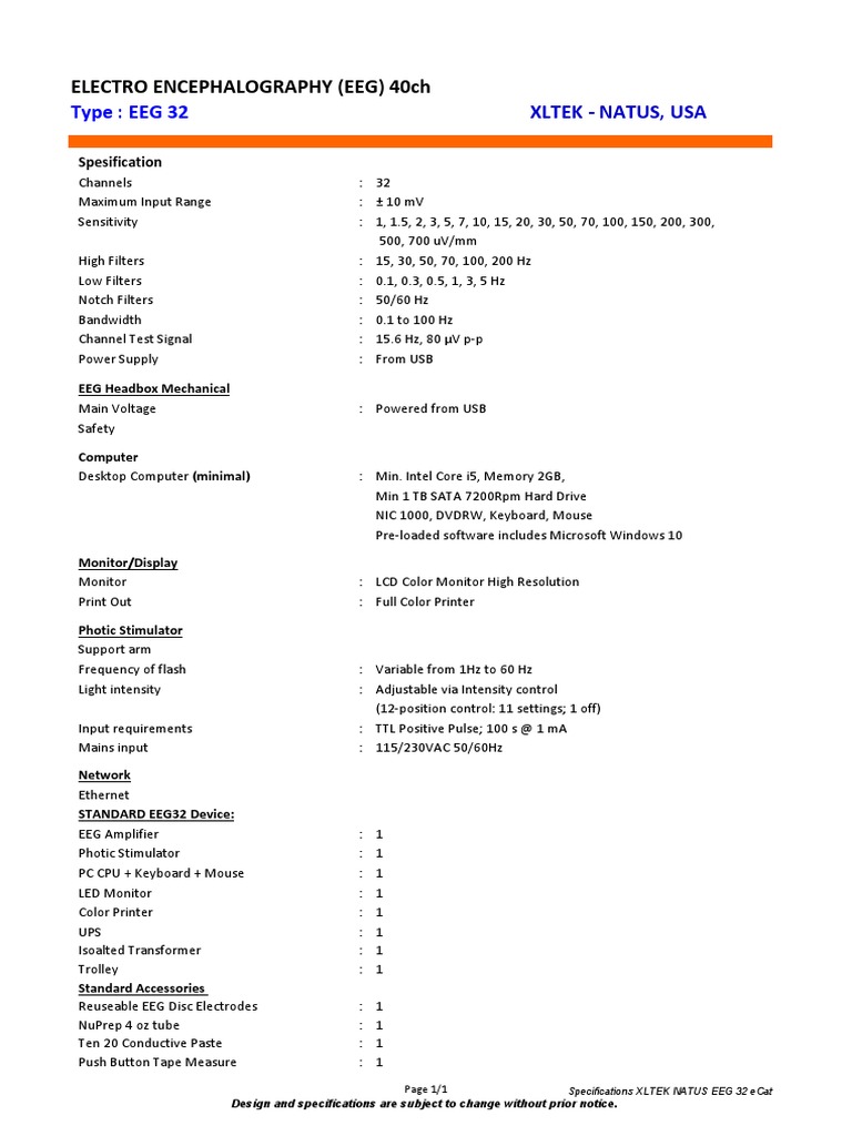 Specifications XLTEK NATUS EEG 32 Ecat | PDF | Electroencephalography | Usb