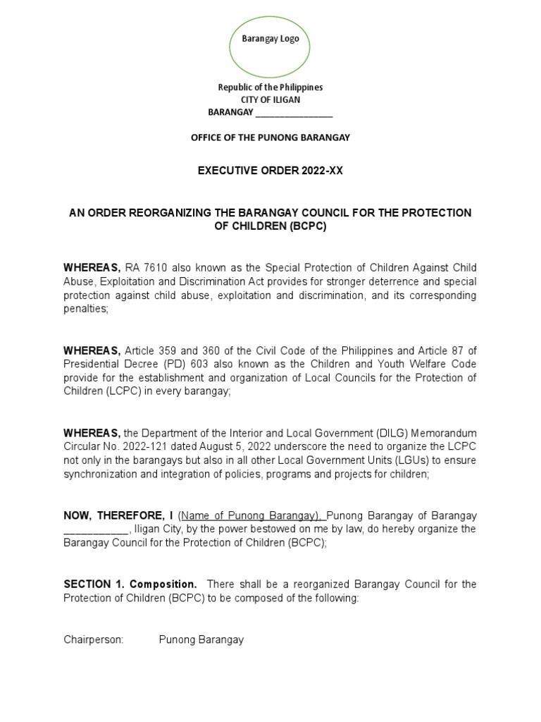 BCPC Sample Executive Order | PDF | Childhood | Youth