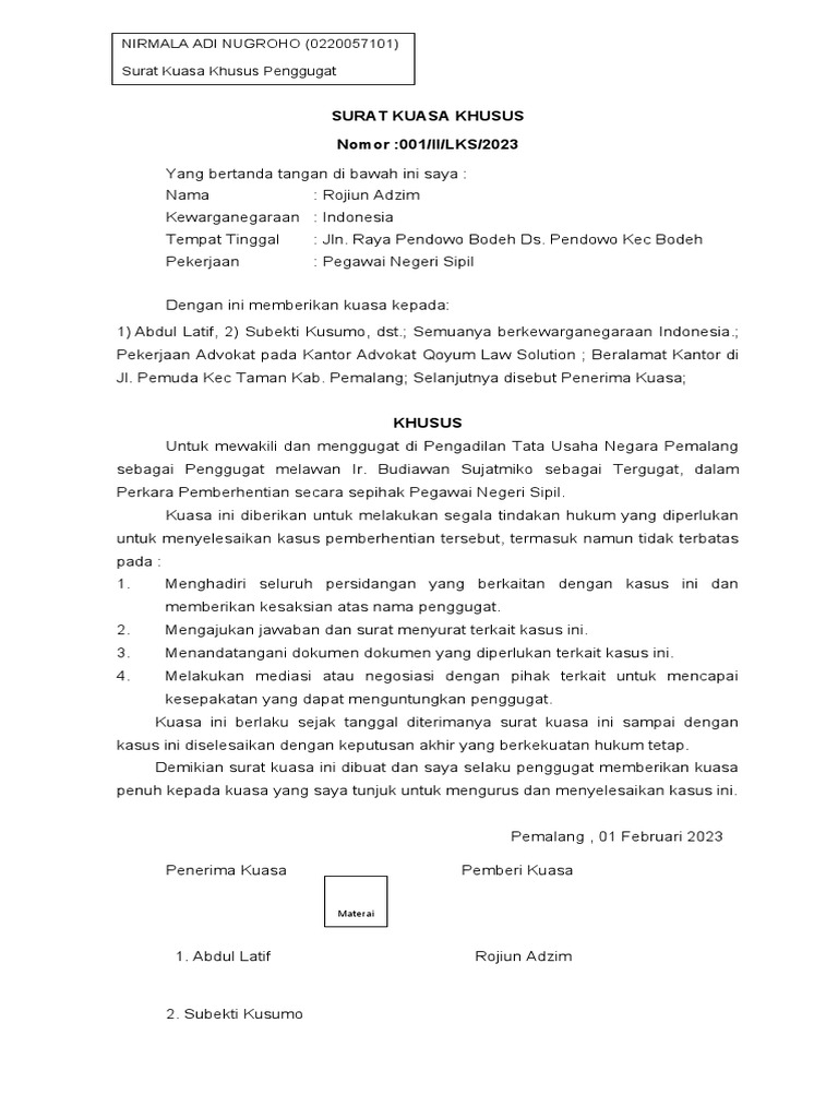 SURAT KUASA PENGGUGAT | PDF