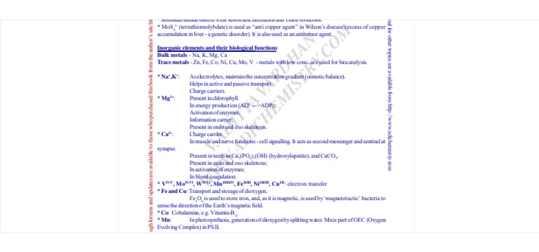 D H A N M I S T R Y - C O M: Inorganic Elements and Their Biological Functions Bulk Metals Trace ...
