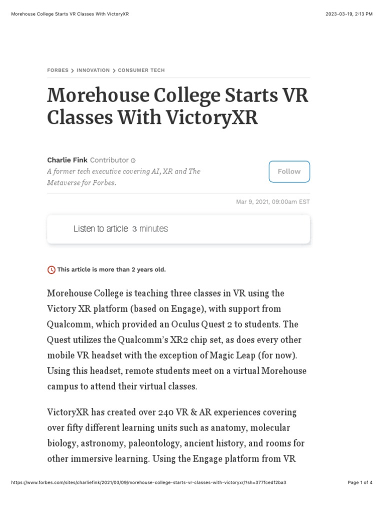 Morehouse College Launches Groundbreaking VR Classes | PDF | Virtual Reality | Interactivity