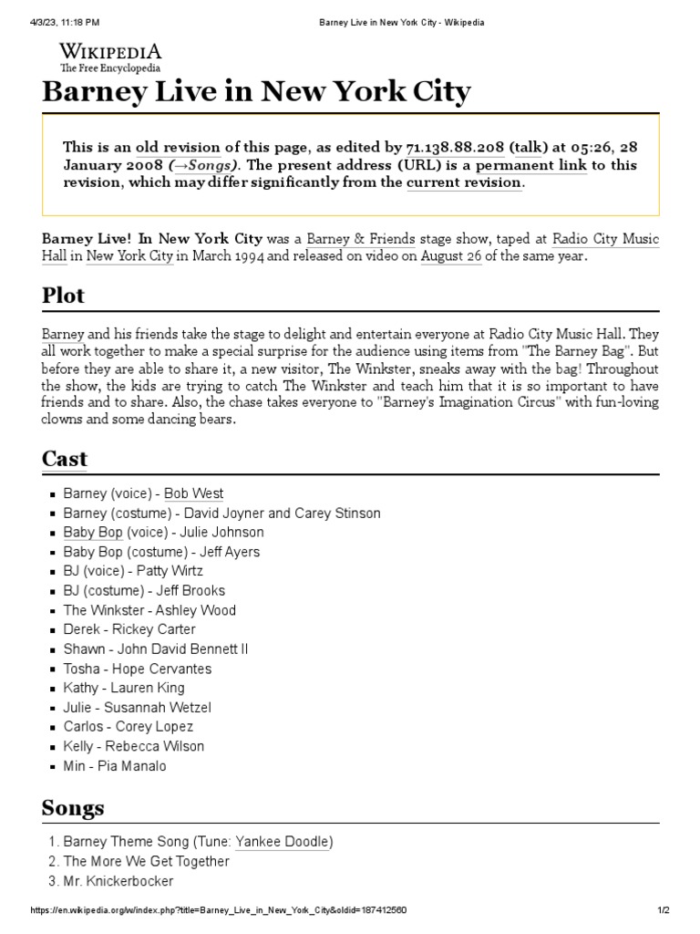 Barney Live in New York City - Wikipedia | PDF