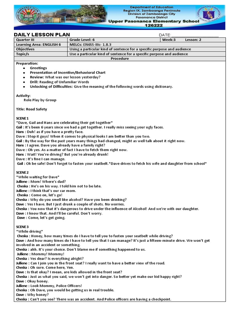 DLP in English 6 With Road Safety Integration | PDF | Sentence (Linguistics) | Question