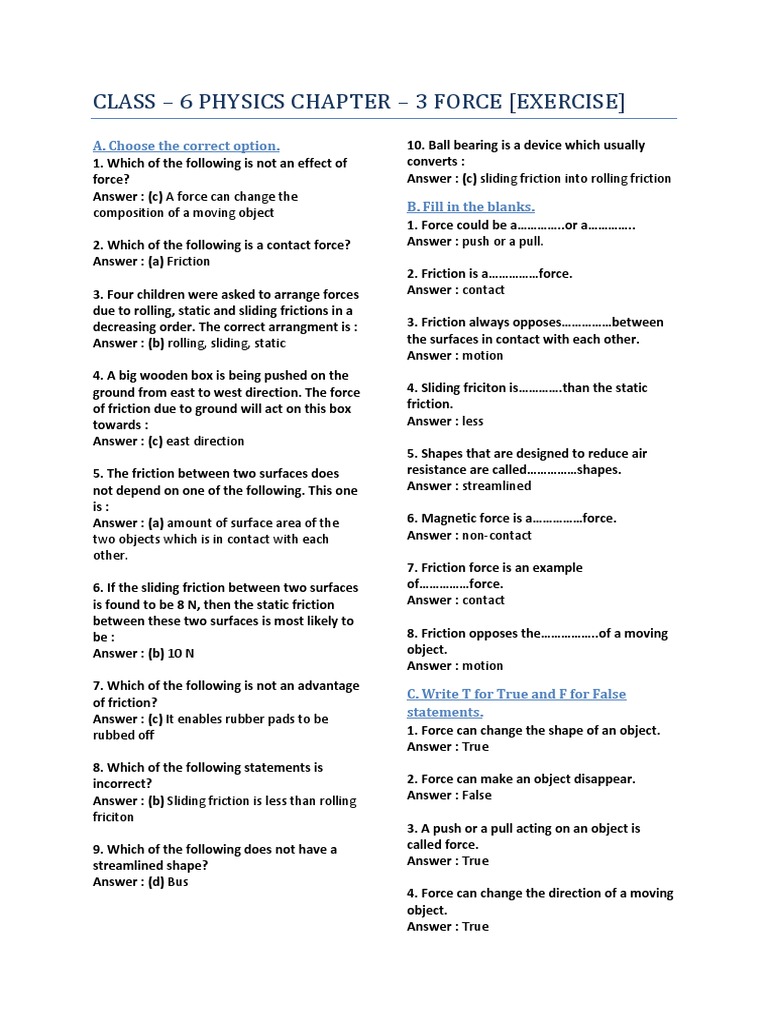Class - 6 Physics Chapter - 3 Force (Exercise) : A. Choose The Correct ...