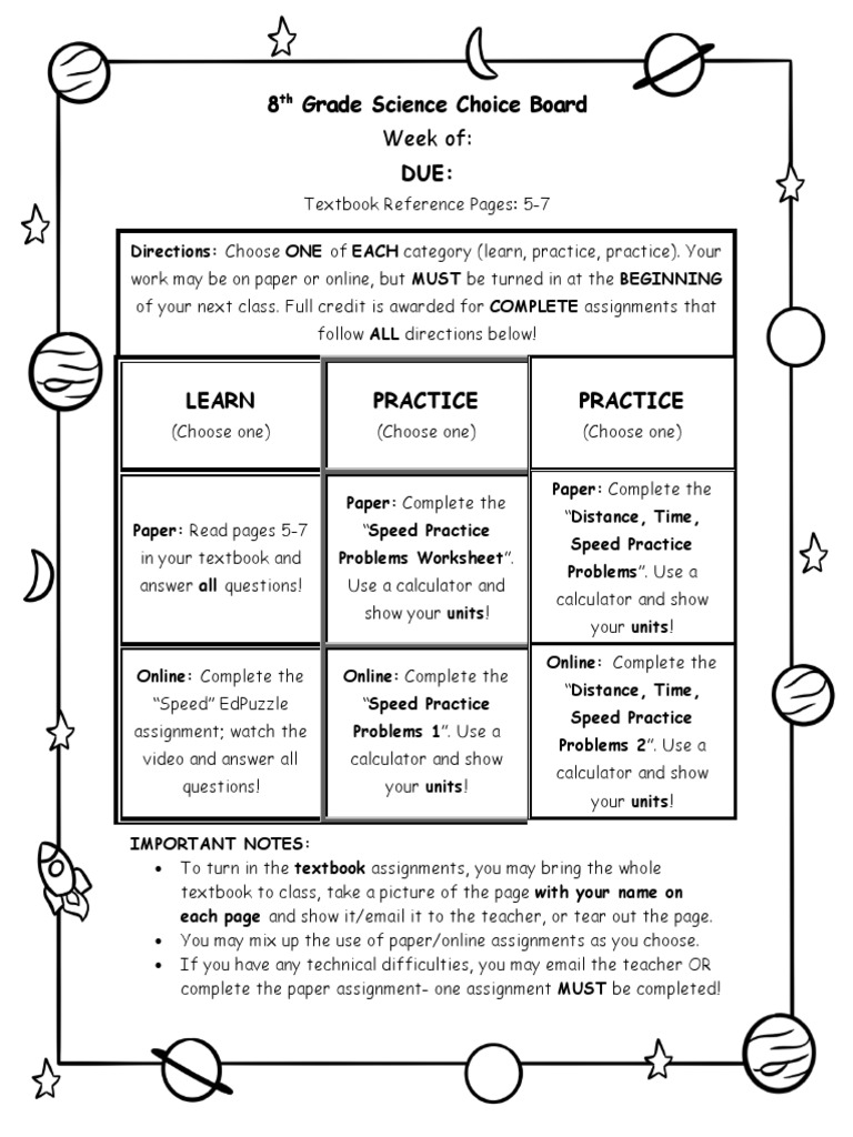 8 Grade Science Choice Board Due:: Week of | PDF | Speed