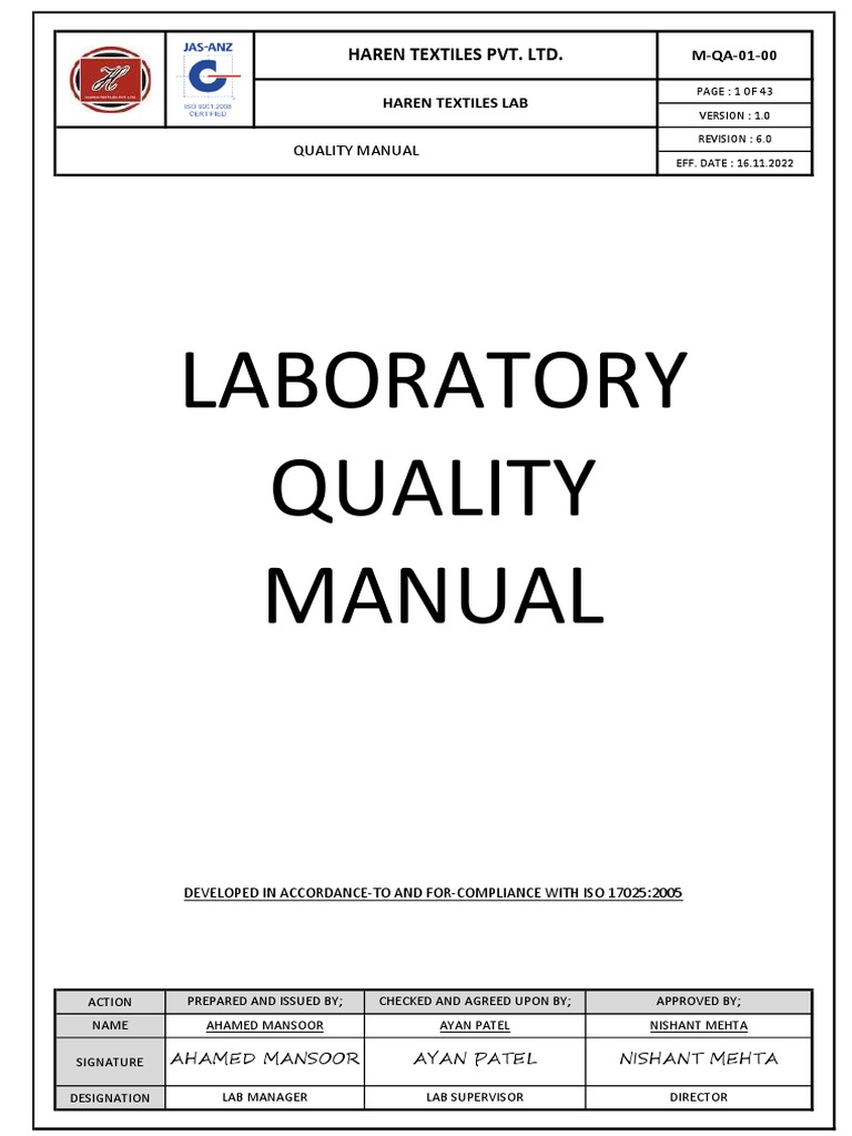 Laboratory Quality Manual: Haren Textiles Pvt. LTD | PDF | Quality ...