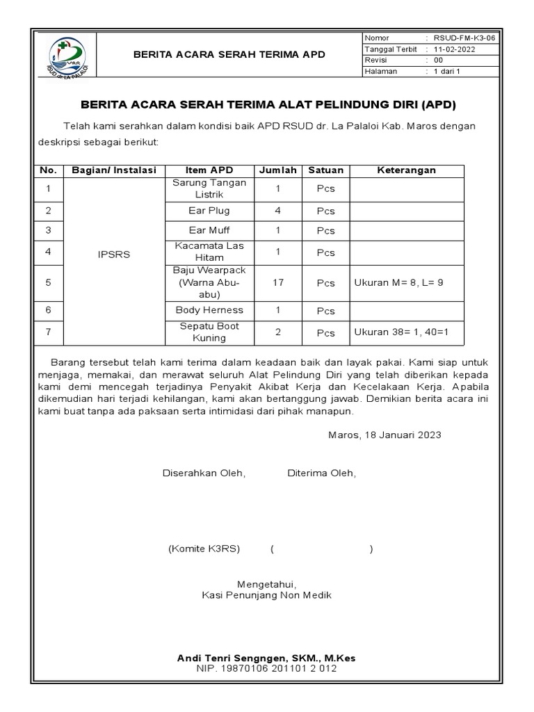 Form Serah Terima APD | PDF