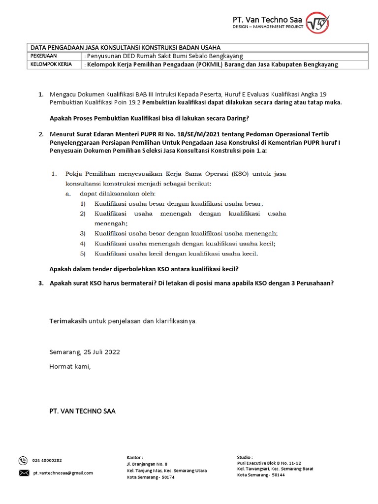VTS-Aanwijzing DK - Penyusunan DED Rumah Sakit Bumi Sebalo Bengkayang | PDF