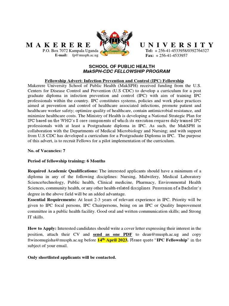 MakSPH-CDC IPC Fellowship Advert | PDF | Health Care | Public Health
