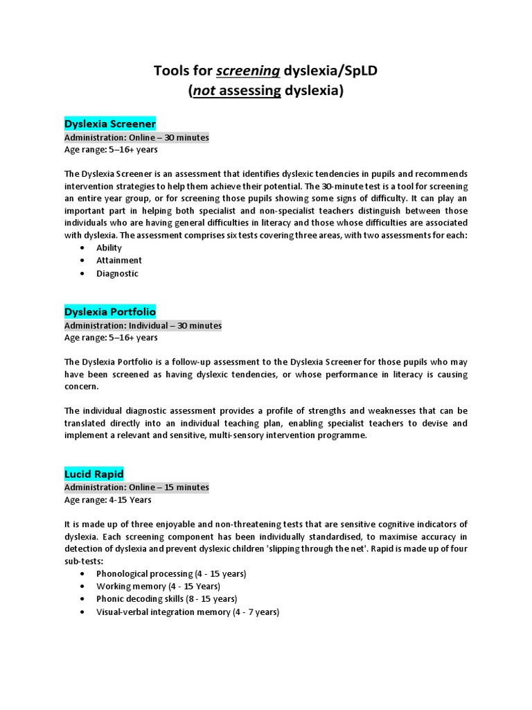 Dyslexia Screening Toolks List | PDF | Dyslexia | Learning Disability