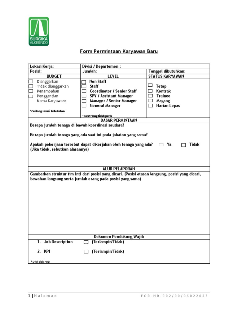 FOR-HR-002 Formulir Permintaan Karyawan Baru R.01-06022023 | PDF