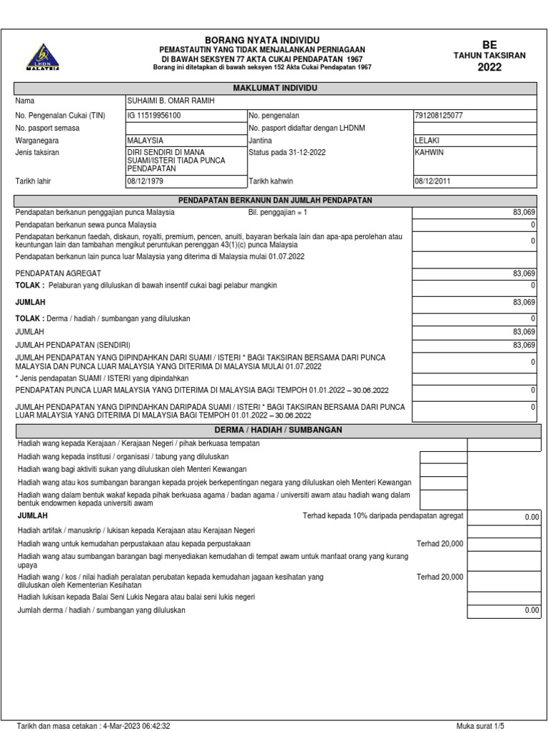 Borang Nyata Individu: Tahun Taksiran | PDF