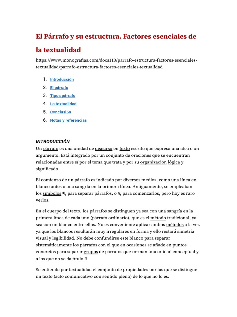 El Párrafo y Su Estructura. Factores Esenciales de La Textualidad | PDF | Párrafo | Oración ...