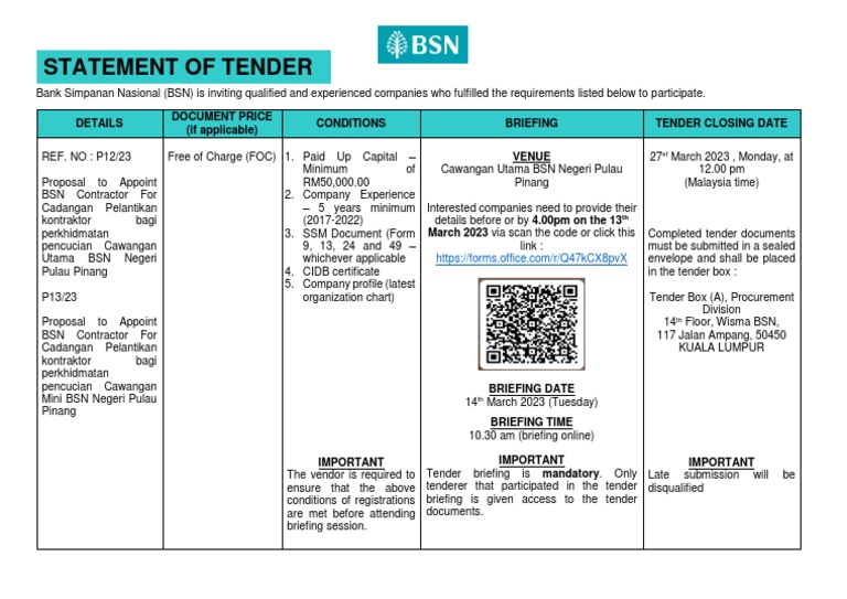 Statement of Tender: Details Document Price (If Applicable) Conditions Briefing Tender Closing ...