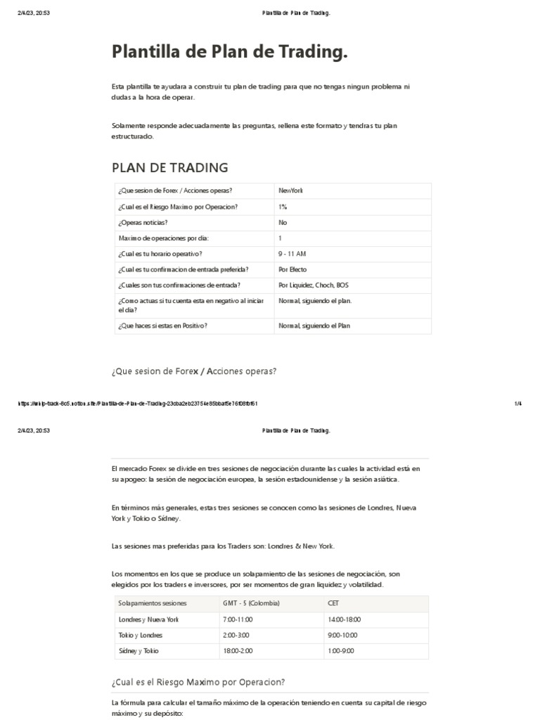 Plantilla de Plan de Trading - Manejo de Riesgo | PDF | Mercado de divisas | Mercado (economía)