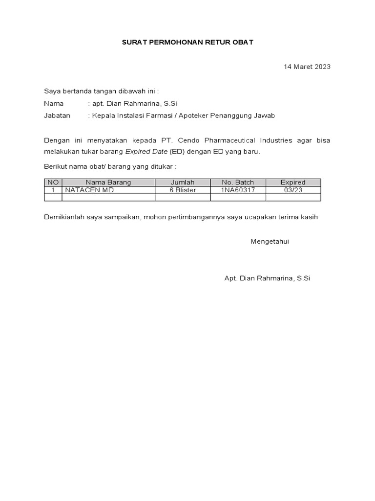 Surat Permohonan Retur Obat | PDF