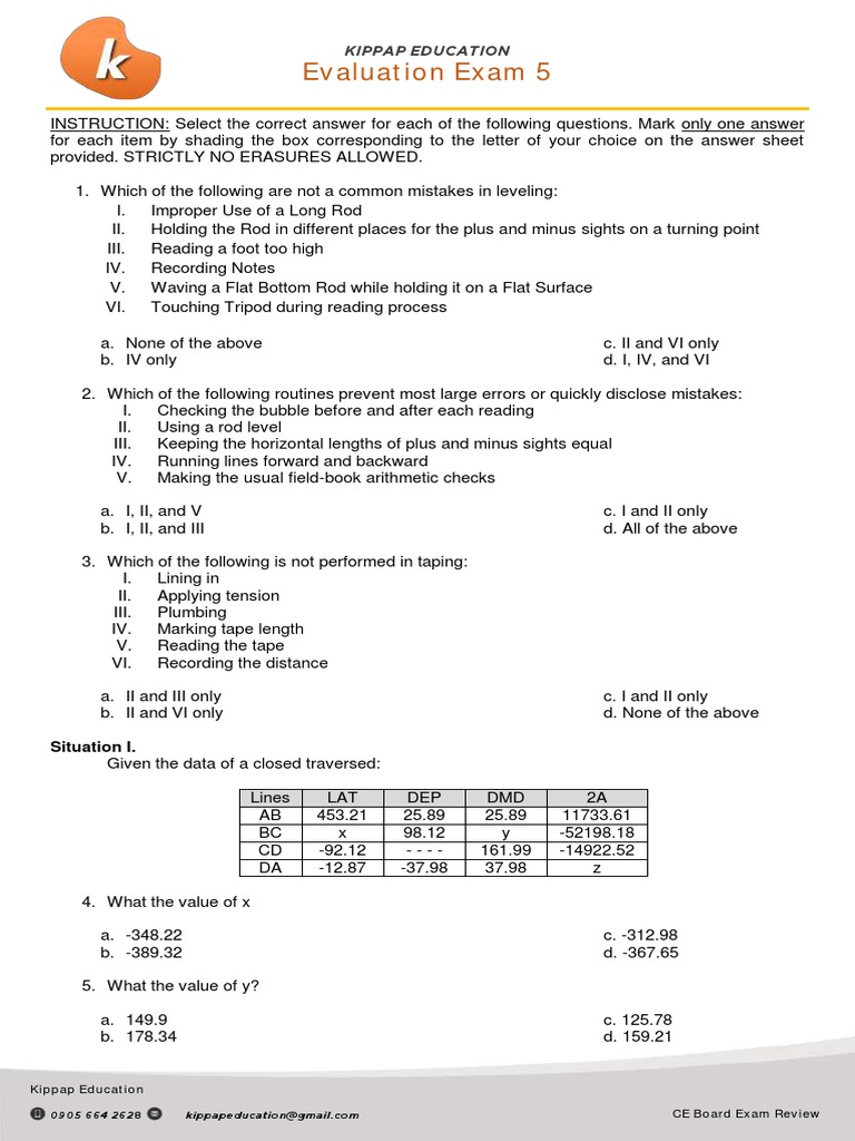 Kippap-Handout-Evaluation Exam 5 | PDF | Surveying | Minute And Second Of Arc