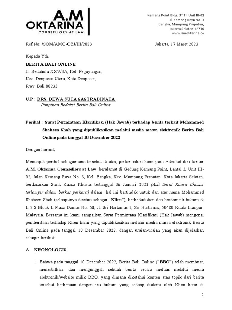 Hak Jawab Berita Bali Online | PDF | Hukum